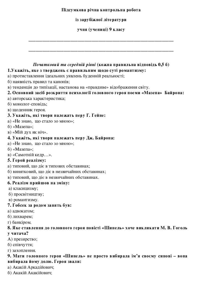 Підсумкова річна контрольна робота із зарубіжної літератури 9 клас Тест Зарубіжна література