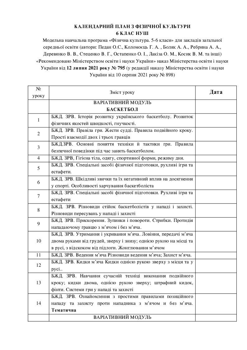 КТП фізичної культури 6 клас НУШ 2023 2024 н р КТП Фізична культура