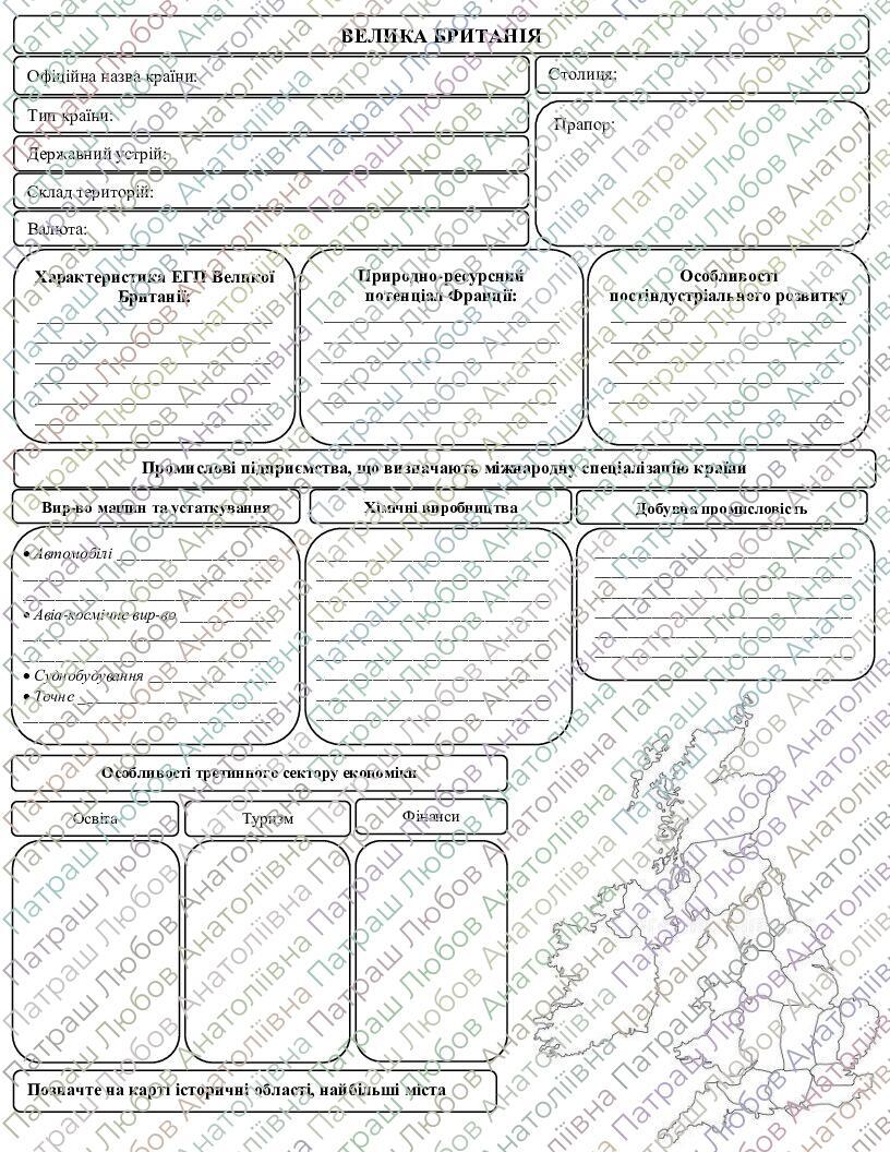 Робочий аркуш Велика Британія Інші методичні матеріали Географія