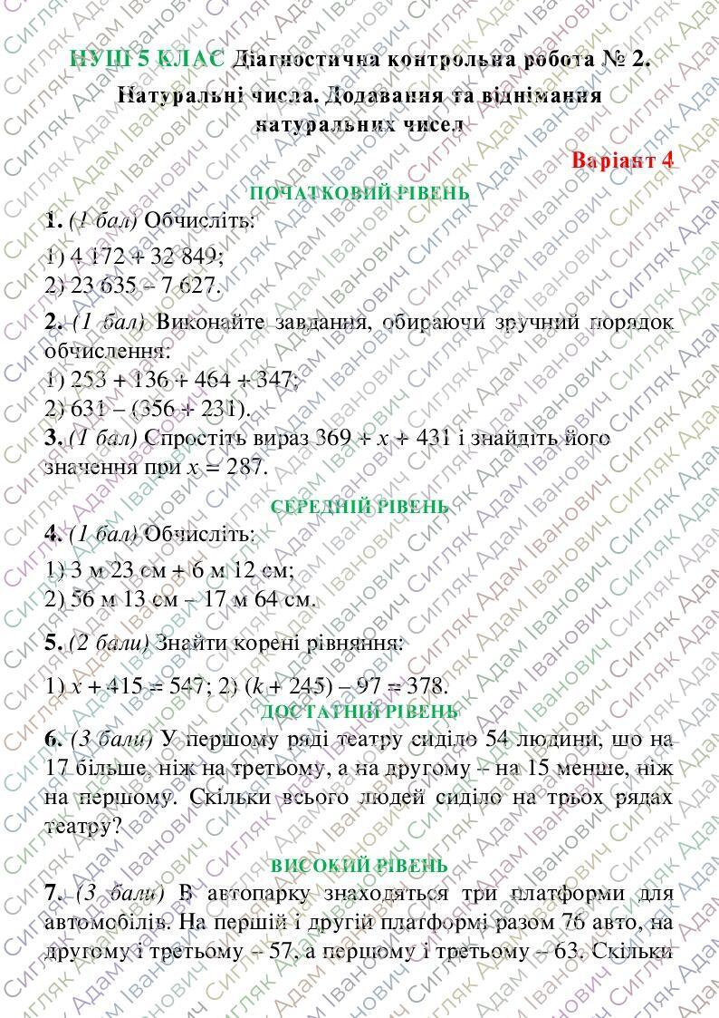 Діагностична контрольна робота №2 Натуральні числа Додавання та віднімання натуральних чисел