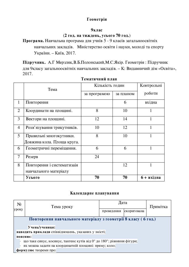 Календарне планування Геометрія 9 клас КТП Геометрія