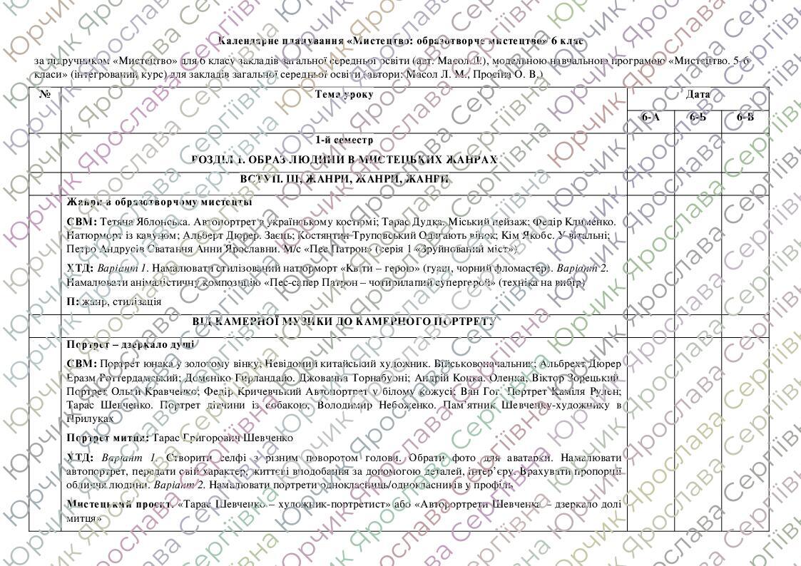 Календарне планування «Мистецтво образотворче мистецтво 6 клас НУШ