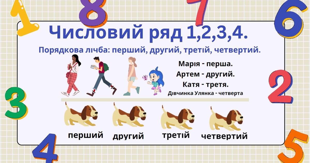 Числовий ряд 1,2,3,4. Порядкова лічба: перший, другий, третій ...