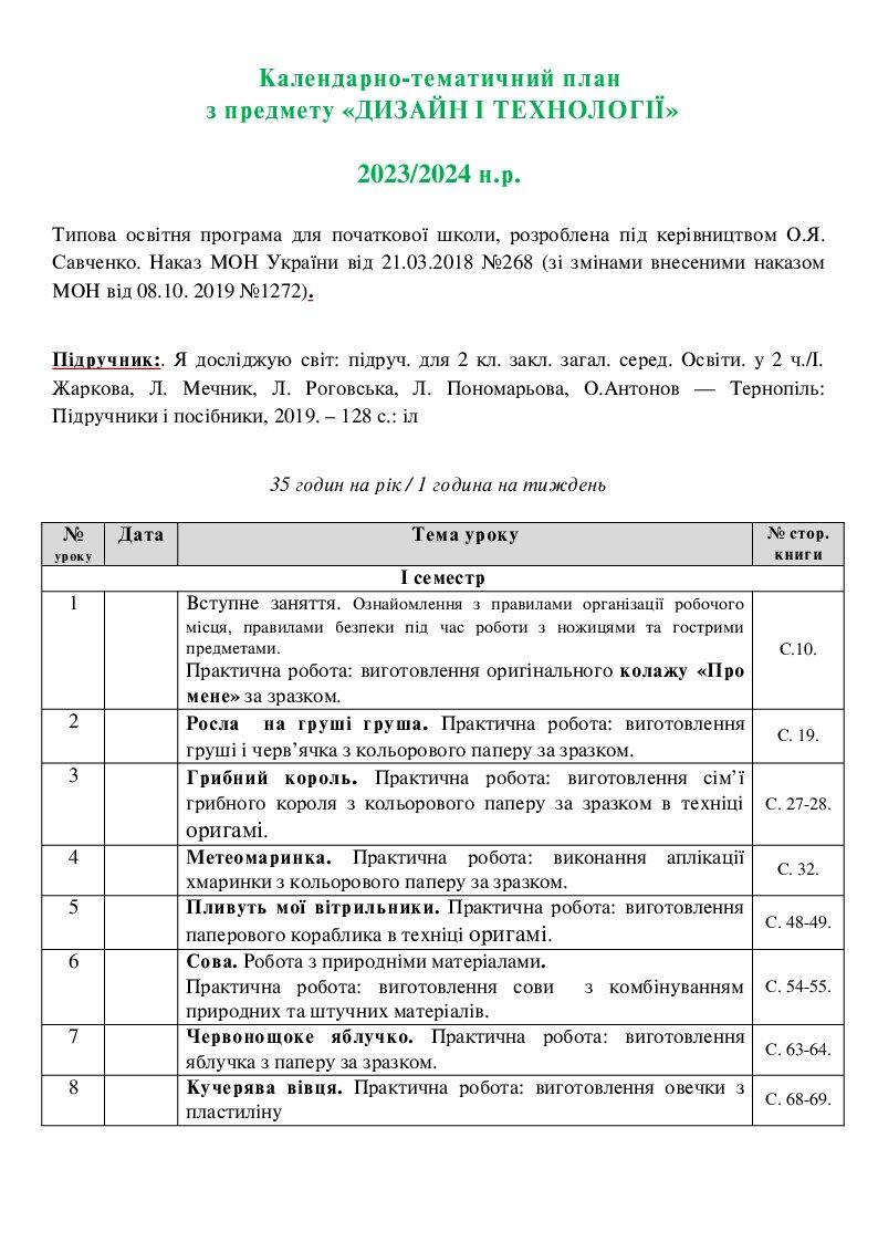 Календарно тематичний план з предмету «ДИЗАЙН І ТЕХНОЛОГІЇ 2 клас