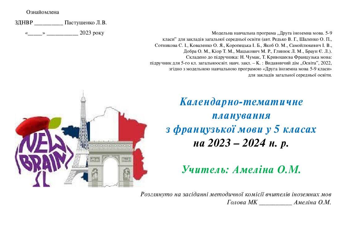 Календарне планування 5 клас французька мова НУШ друга іноземна мова КТП Французька мова