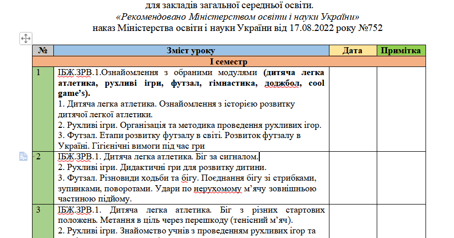 Календарне планування з фізичної культури для 6 класу НУШ КТП Фізична культура