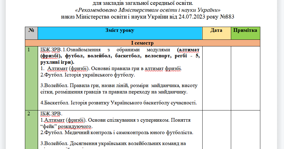 7 клас НУШ Календарне планування з фізичної культури для пілотних шкіл за програмою 2023 року