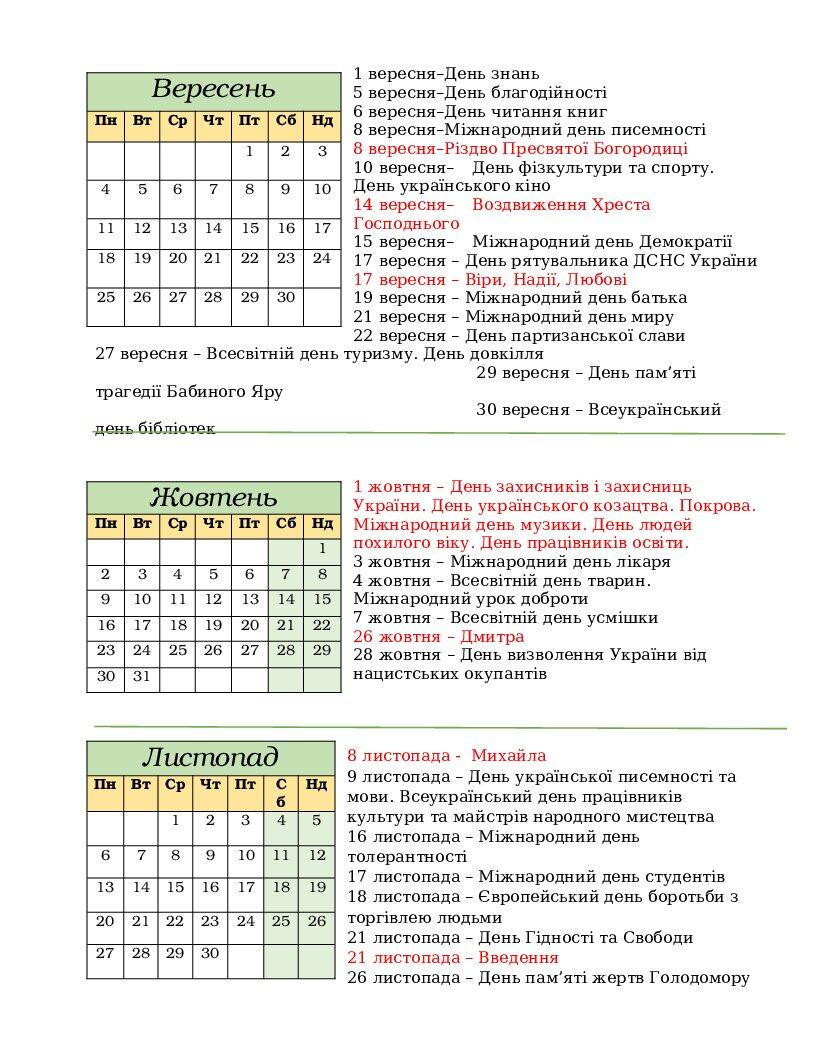 Календар памятних дат на 2023 2024 н р Інші методичні матеріали Різне