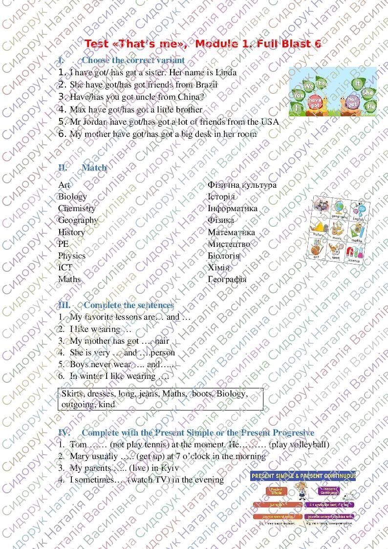 Діагностувальна робота Module 1 Full Blast, 6 клас | Інші методичні матеріали. Англійська мова