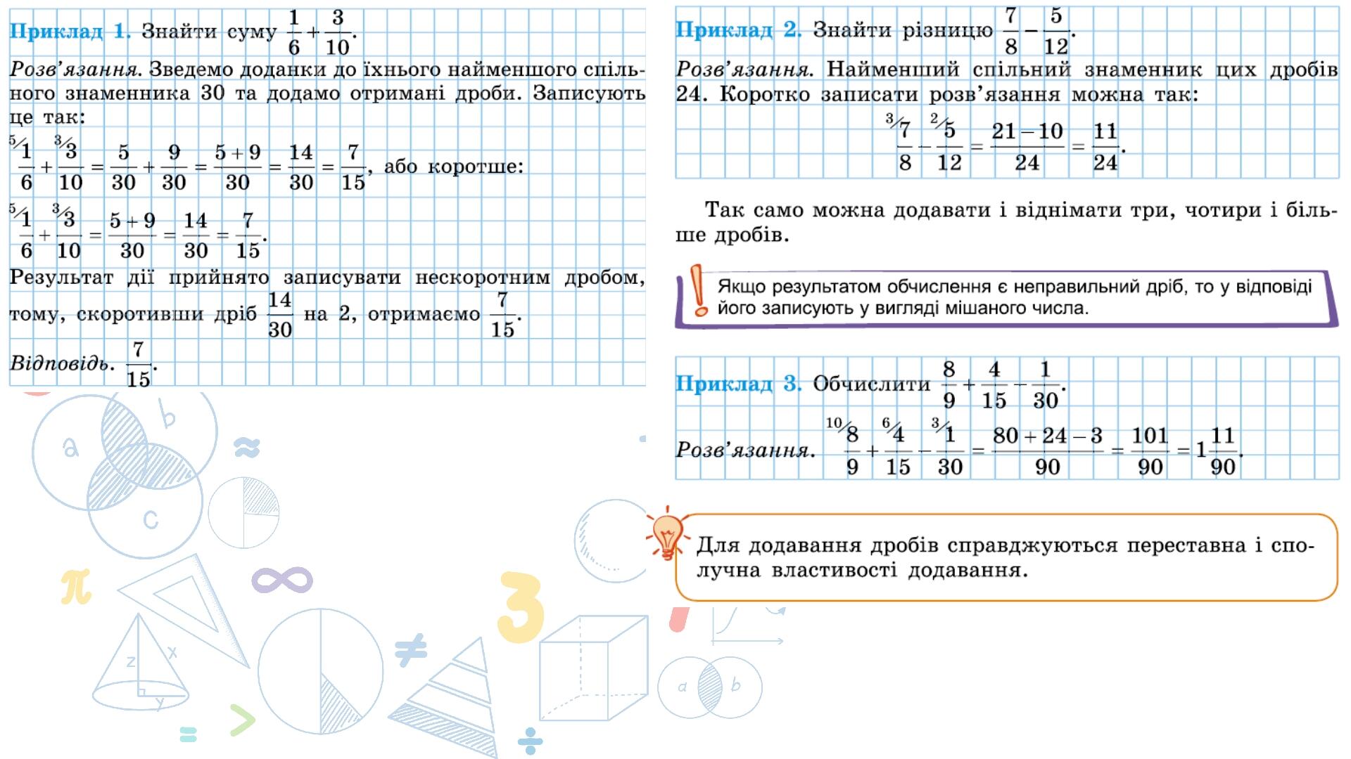 Додавання і віднімання дробів з різними знаменниками 6 клас НУШ Презентація Математика