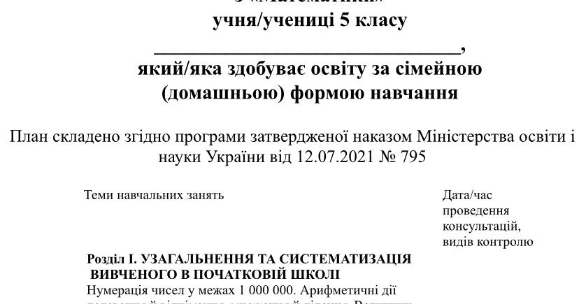 Індивідуальний навчальний план з математики для 5 класу за модельною програмою Скворцової В І