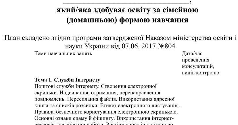 Індивідуальний навчальний план з інформатики 7 клас для учнів які здобувають освіту за сімейною