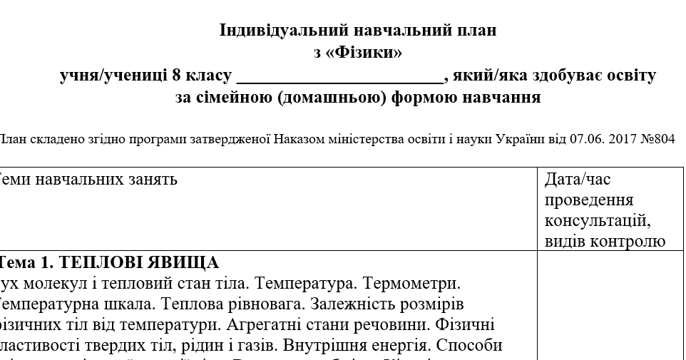 Індивідуальний навчальний план з фізики 8 клас для учнів які здобувають освіту за сімейною