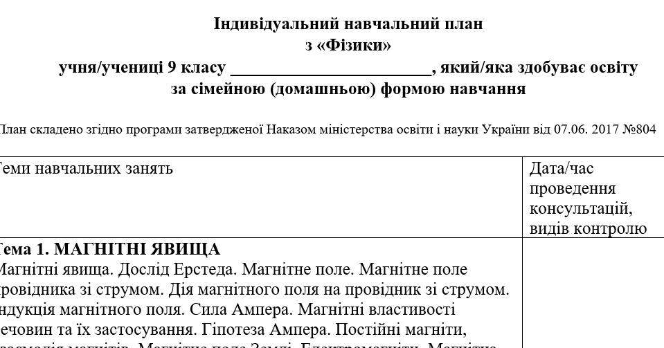 Індивідуальний навчальний план з фізики 9 клас для учнів які