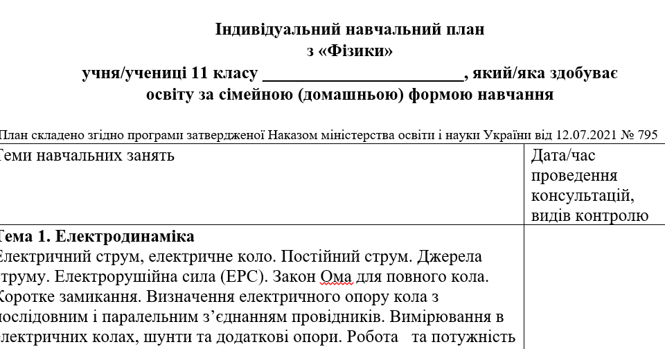 Індивідуальний навчальний план з фізики 11 клас для учнів які здобувають освіту за сімейною