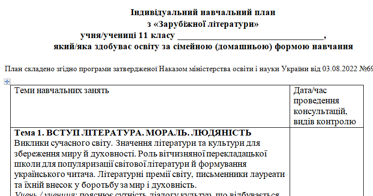 Індивідуальний навчальний план з зарубіжної літератури 11 клас рівень стандарту для учнів які