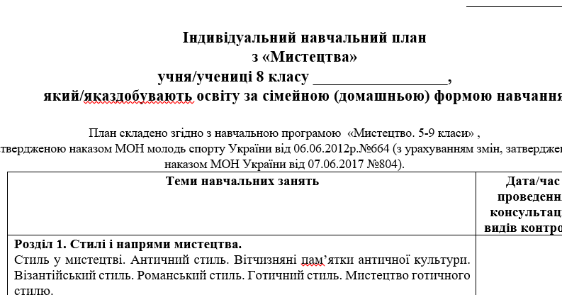 Індивідуальний навчальний план з мистецтва 8 клас для учнів які здобувають освіту за сімейною