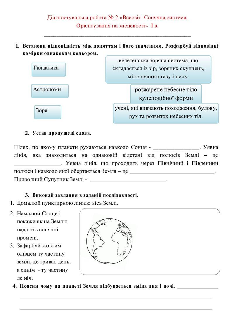 Я досліджую світ 4 клас Діагностувальна робота № 2 Всесвіт Сонячна система Орієнтування на