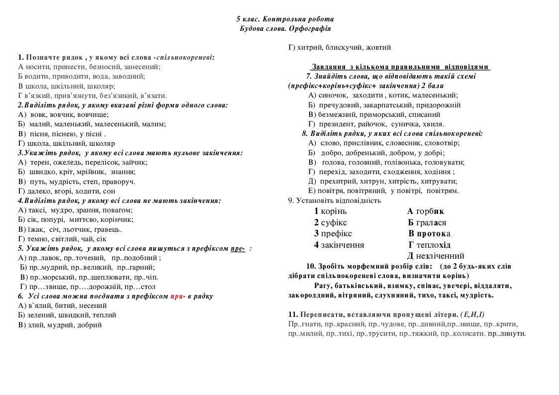 Контрольна робота Будова слова Орфографія 5 клас НУШ Інші