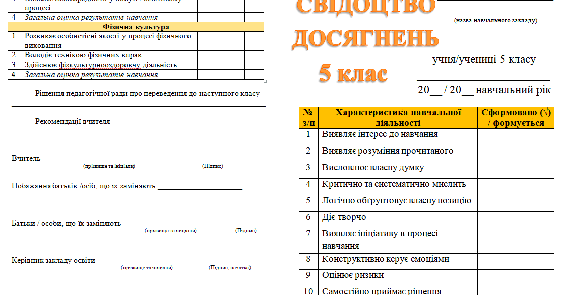 Свідоцтво досягнень 5 клас НУШ НУШ