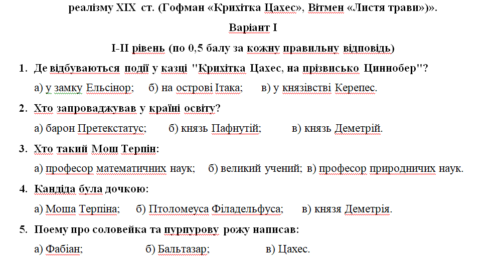 Контрольна робота 10 клас на тему: «Проза й поезія пізнього романтизму ...