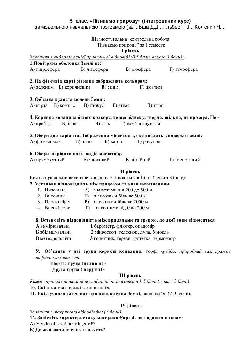 Діагностувальна контрольна робота з пізнаємо природу 5 клас Інші