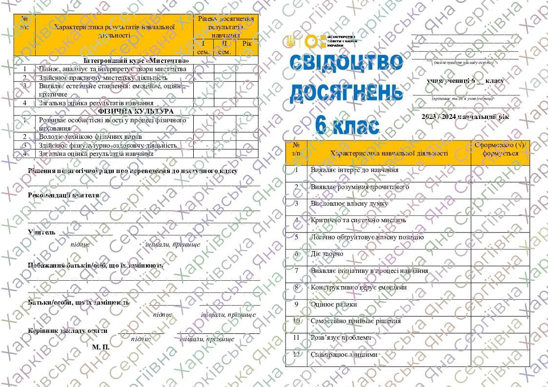 Свідоцтво досягнень 6 клас НУШ Інші методичні матеріали НУШ