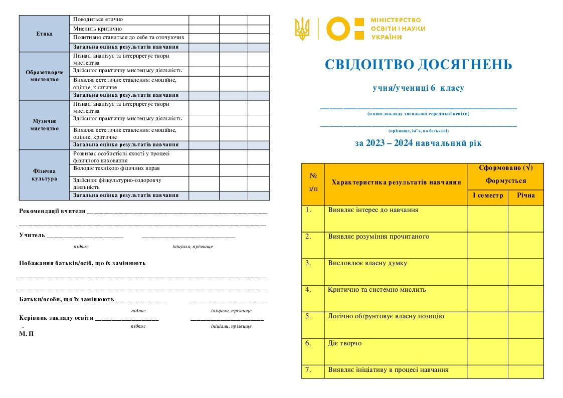 Свідоцтво досягнень 6 клас НУШ Інші методичні матеріали НУШ