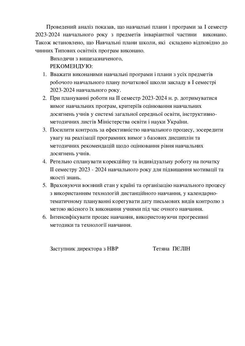 Довідка про стан виконання навчальних програм 1 4 класів за І семестр